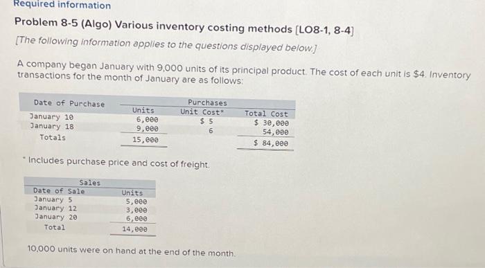 Solved Problem 8-5 (Algo) Various inventory costing methods | Chegg.com