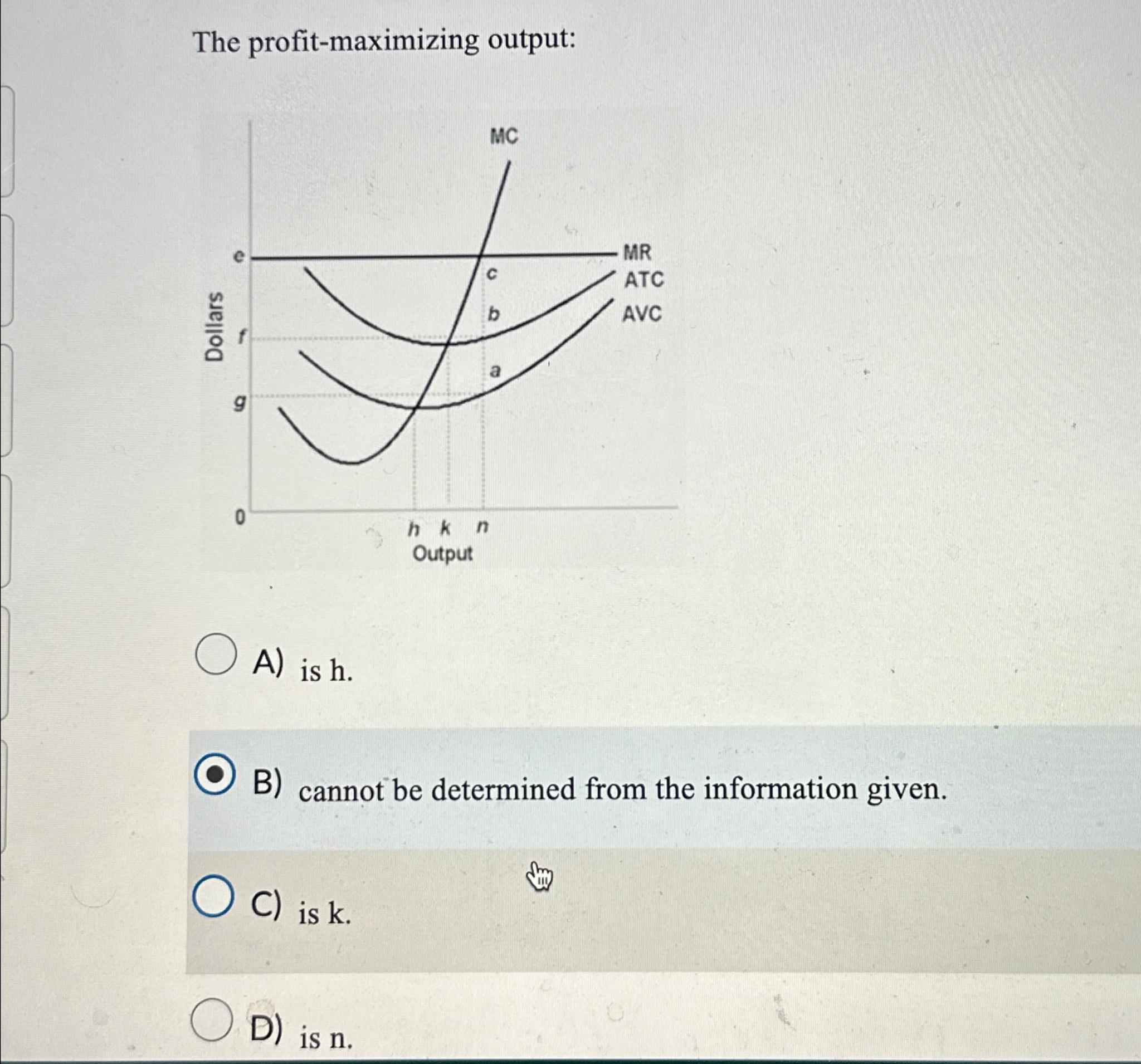 Solved The profit-maximizing output:A) ﻿is h.B) ﻿cannot be | Chegg.com