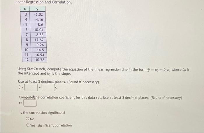 Solved Linear Regression and Correlation. Using StatCrunch, | Chegg.com