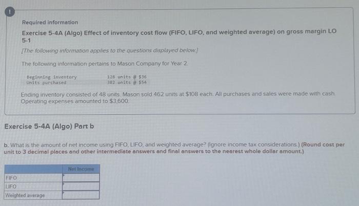 Solved Required information Exercise 5-4A (Algo) Effect of | Chegg.com