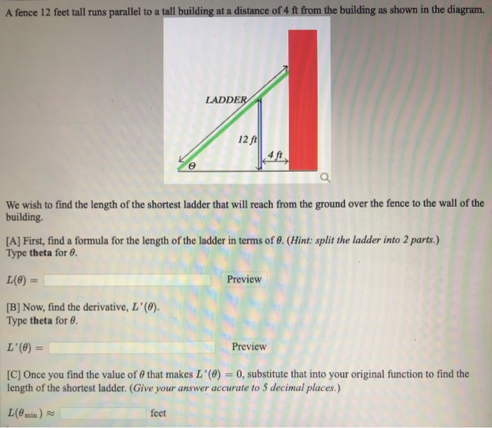 Solved A fence 12 feet tall runs parallel to a tall building | Chegg.com
