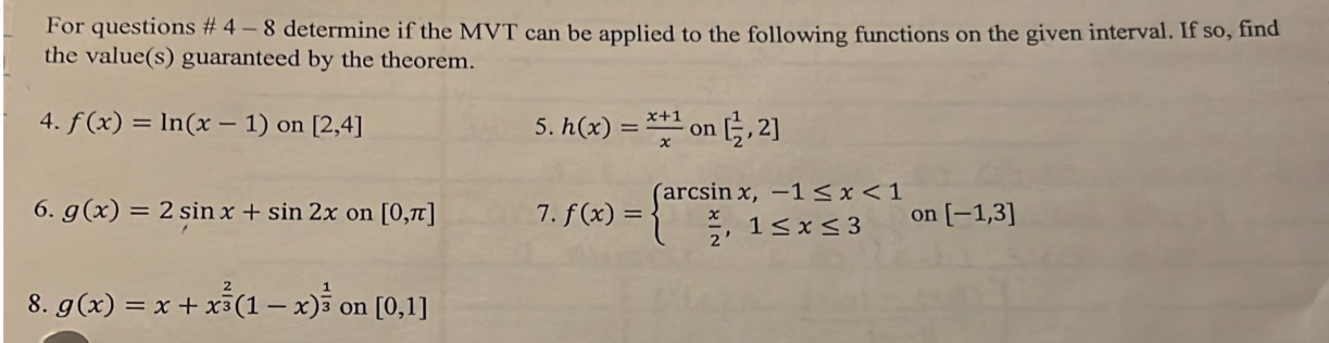 Solved For questions # 4-8 ﻿determine if ﻿the MVT ﻿can be | Chegg.com
