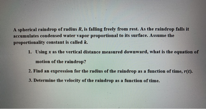 Solved A spherical raindrop of radius R, is falling freely | Chegg.com
