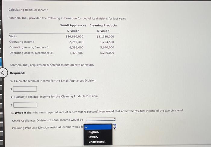 Solved Calculating Residual Income Forchen, Inc:, provided | Chegg.com