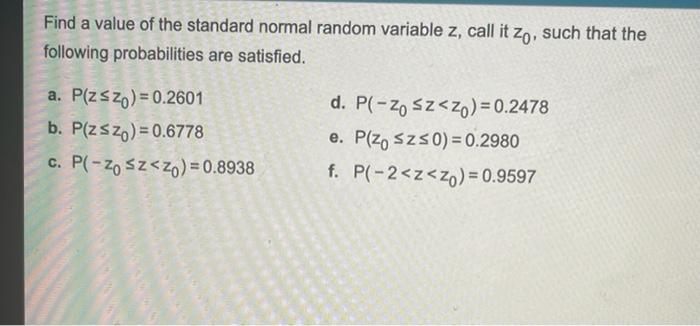Solved Find A Value Of The Standard Normal Random Variable