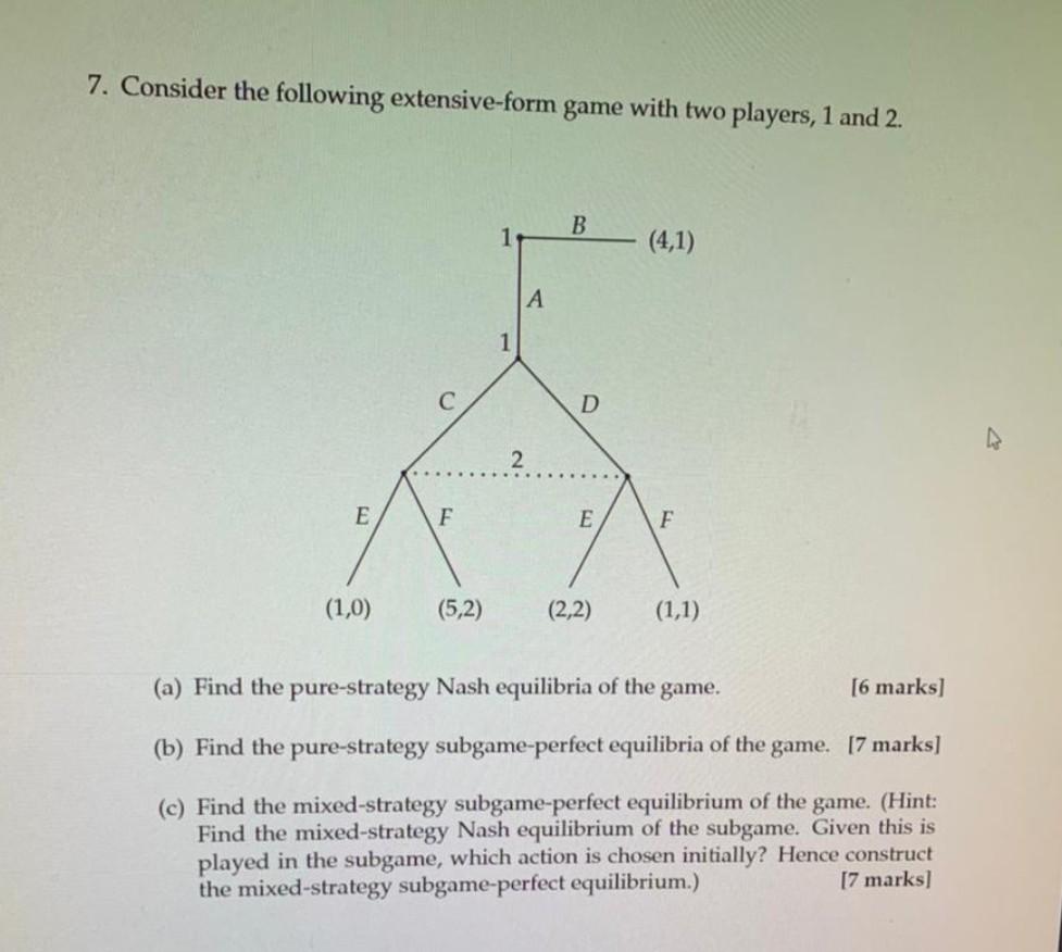 Solved 7. Consider the following extensive-form game with | Chegg.com