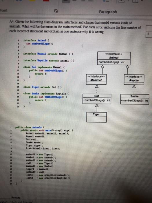 Solved Font Paragraph A4. Given the following class diagram, | Chegg.com