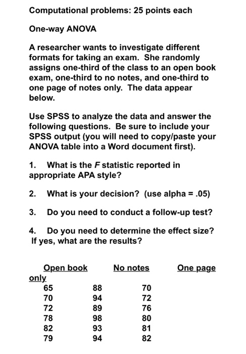 Solved Computational problems: 25 points each One-way ANOVA | Chegg.com