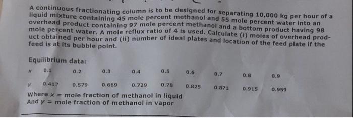 Solved A continuous fractionating column is to be designed | Chegg.com