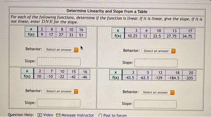 Solved Determine Linearity and Slope from a Table For each | Chegg.com