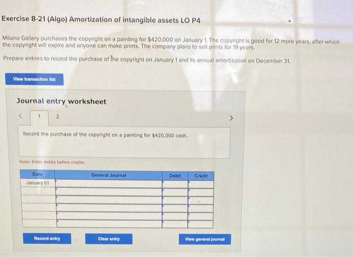 Solved Exercise 8-21 (Algo) Amortization of intangible | Chegg.com