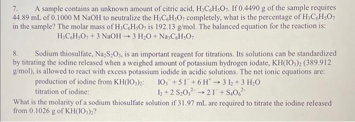 Solved 7. A sample contains an unknown amount of citric | Chegg.com
