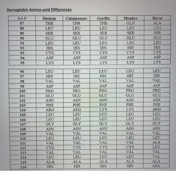 Solved PART 2: HEMOGLOBIN Next, compare the amino-acid | Chegg.com