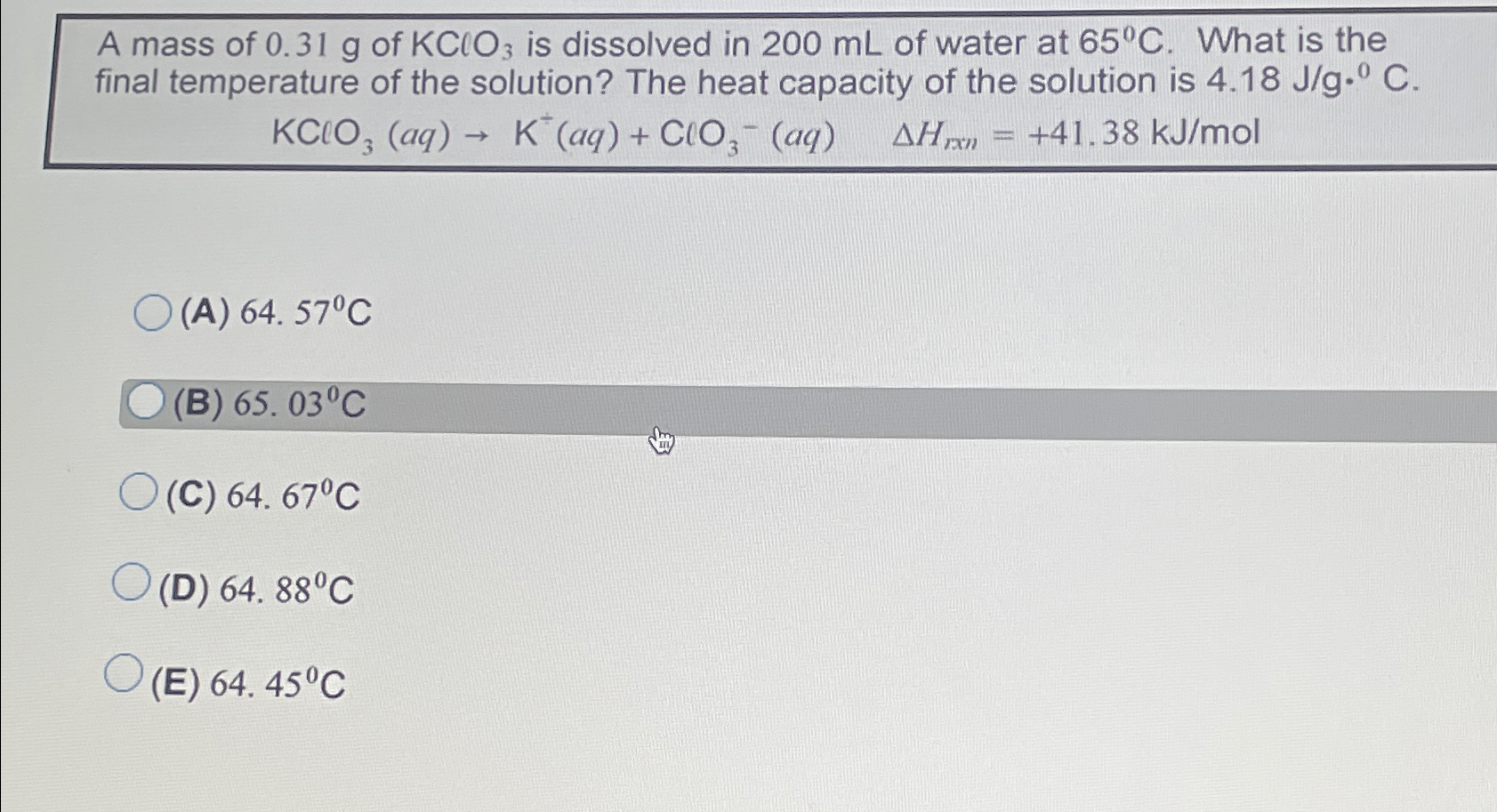 Solved A mass of 0.31g ﻿of KClO3 ﻿is dissolved in 200mL ﻿of | Chegg.com