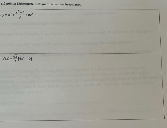 Solved (12 points) Differentiate. Box your final answer in | Chegg.com
