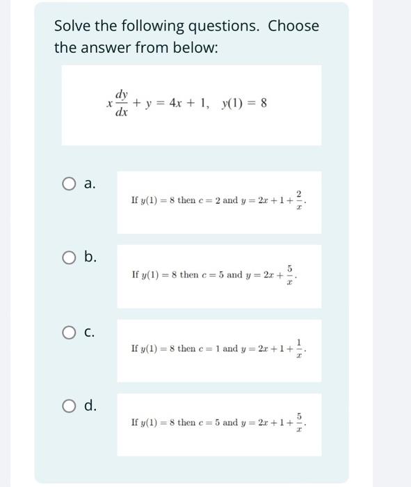 Solved Solve the following questions. Choose the answer from | Chegg.com