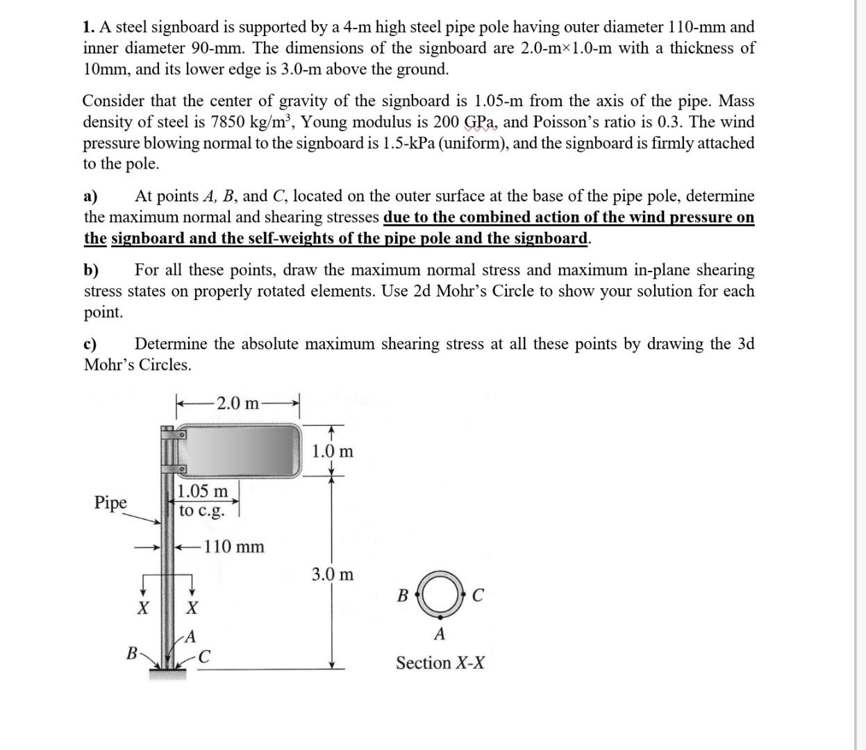 Solved 1. A steel signboard is supported by a 4-m high steel | Chegg.com