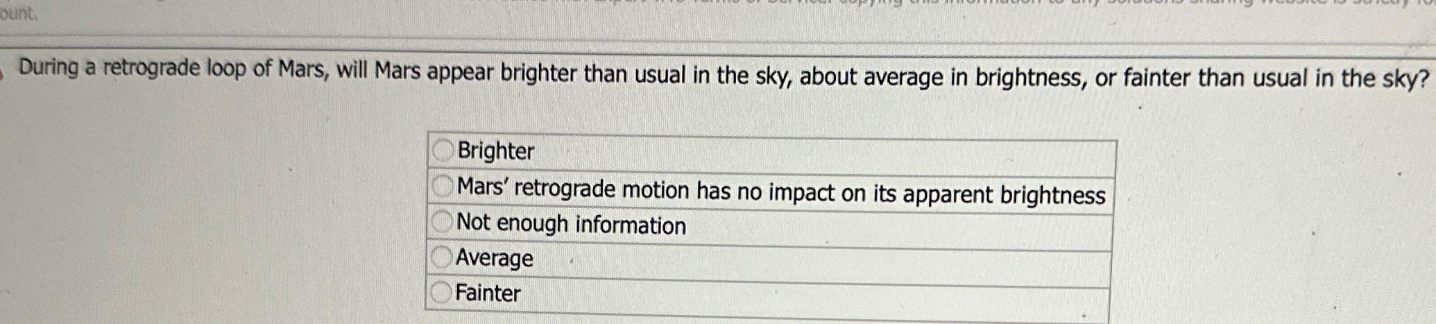Solved During a retrograde loop of Mars, will Mars appear | Chegg.com