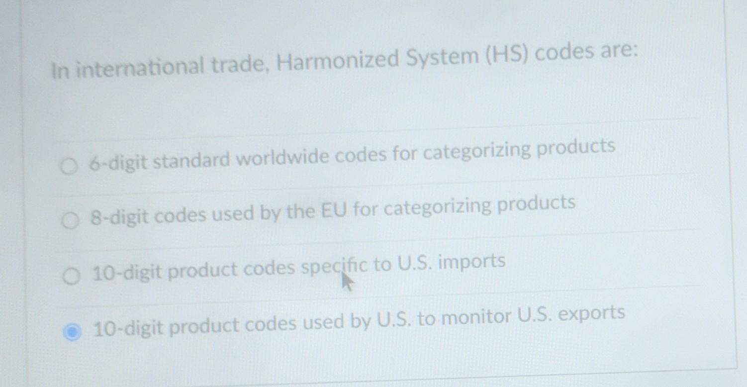 Solved In international trade, Harmonized System (HS) codes | Chegg.com