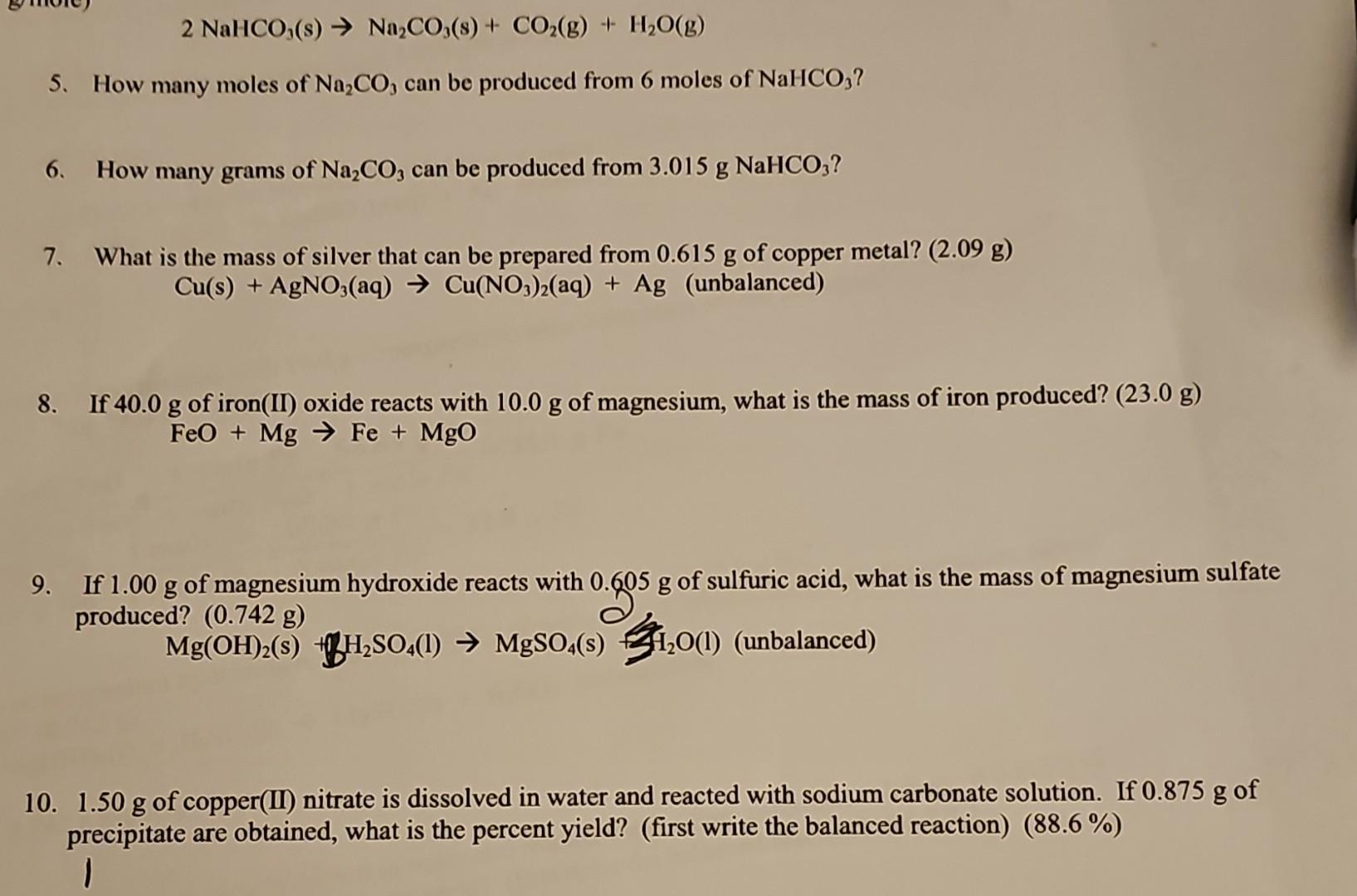 Solved 2NaHCO3(s)= Na2CO3(s)+ CO2(g)+H20(g) 5) how many | Chegg.com