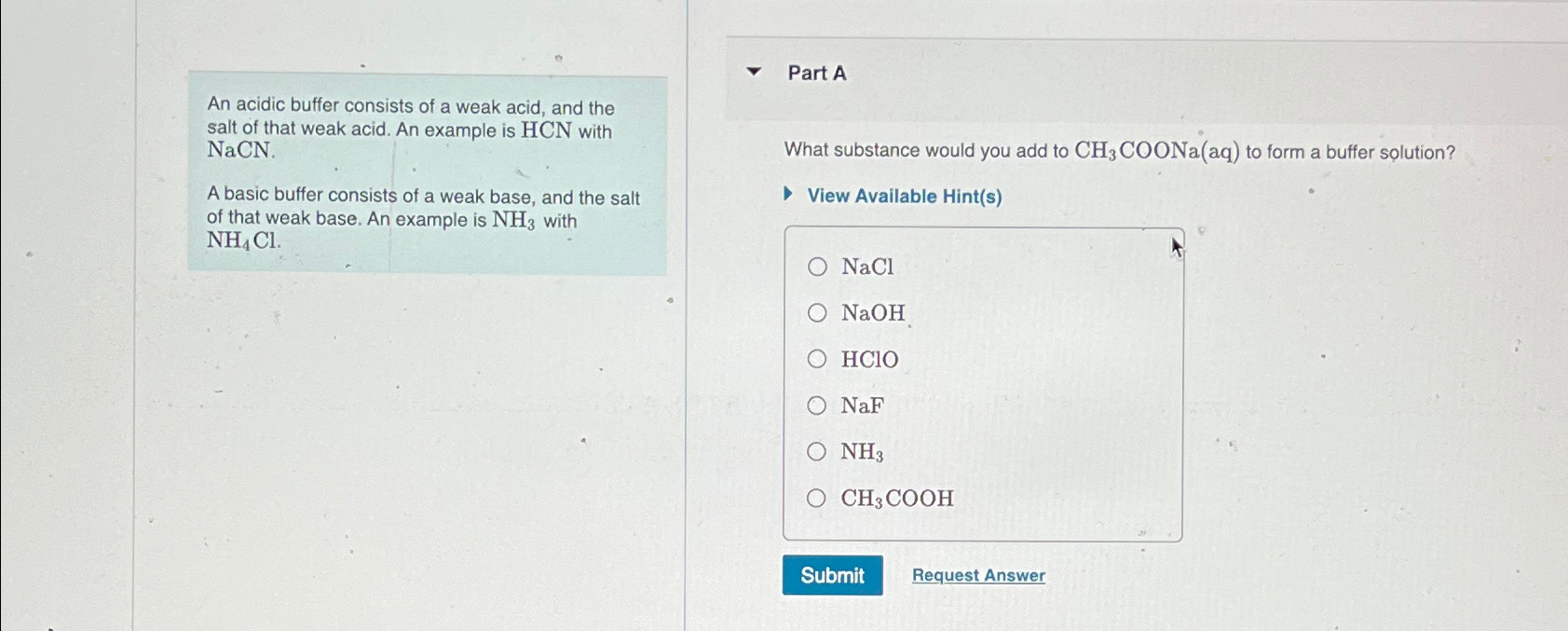 Solved An acidic buffer consists of a weak acid, and the | Chegg.com