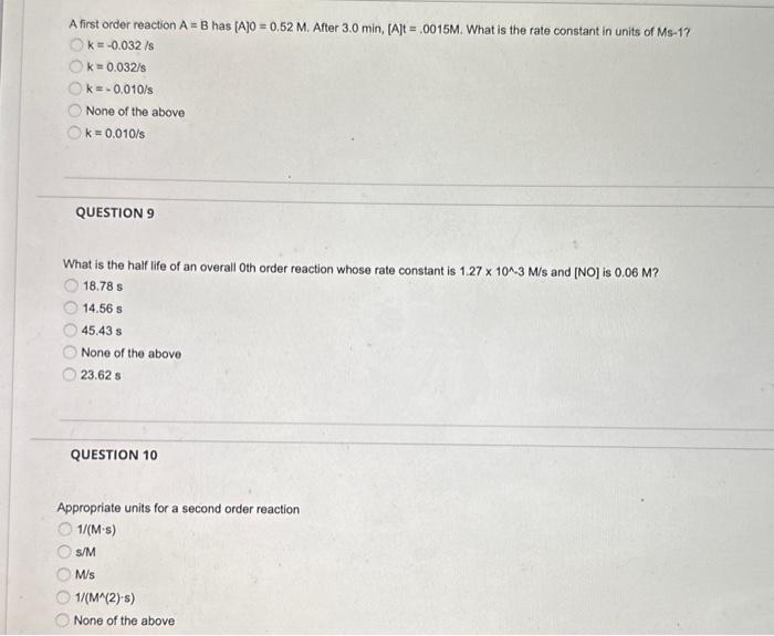 Solved A first order reaction A=B has [A]0=0.52M. After 3.0 | Chegg.com