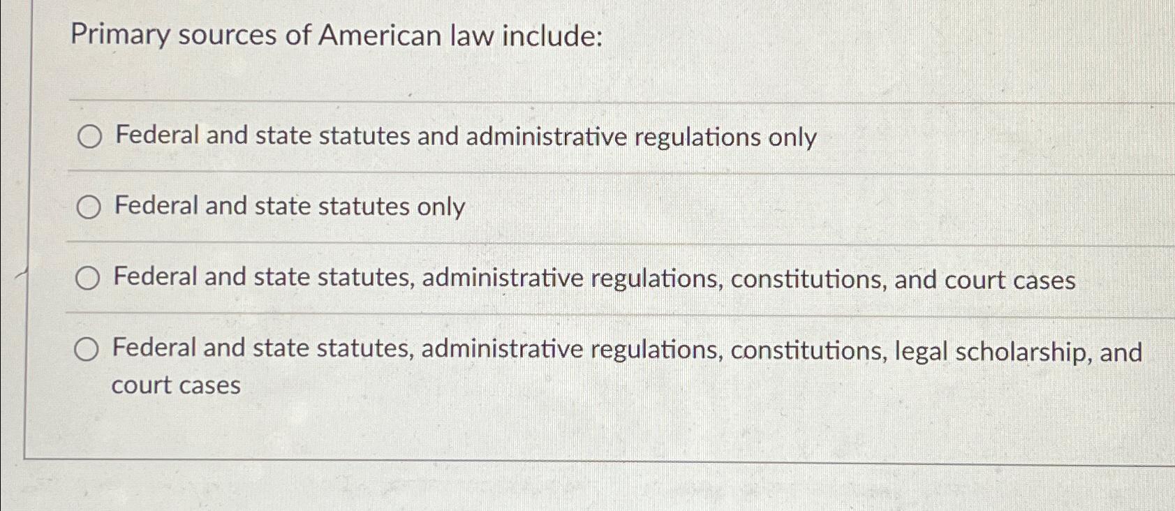 Solved Primary sources of American law include:Federal and | Chegg.com