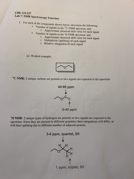 Solved CHE 231/237 Lab 7: NMR Spectroscopy Exercises 1. For | Chegg.com