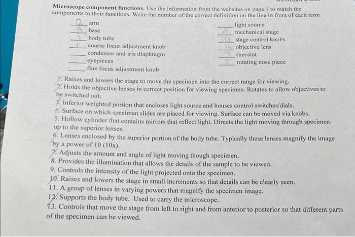 Solved Microscope component functions. Use the information | Chegg.com