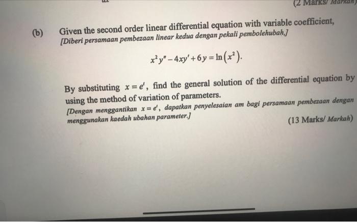 Solved (b) Given the second order linear differential | Chegg.com