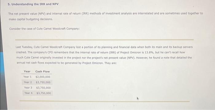 Solved 5. Understanding the IRR and NPV The net present | Chegg.com