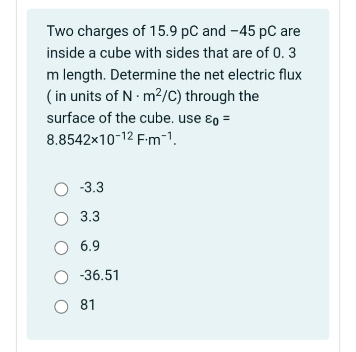 Solved Two charges of 15.9pC ﻿and -45pC ﻿are inside a cube | Chegg.com