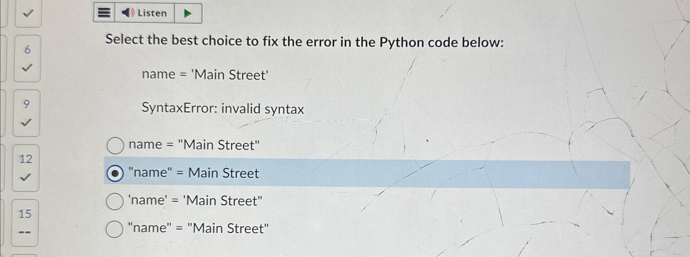 Solved Select the best choice to fix the error in the Python | Chegg.com