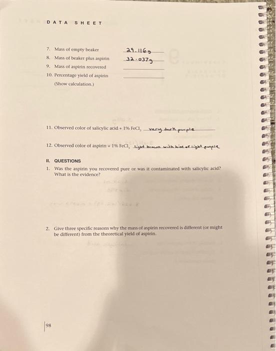 Solved DATA SHEET 9 EXPERIMENT Name SYNTHESIS OF ASPIRIN | Chegg.com