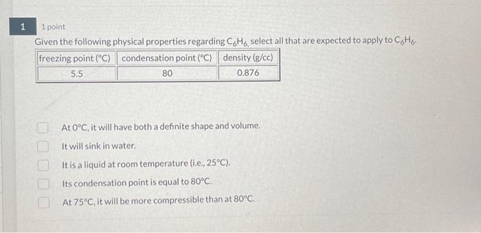 Solved 1 point Given the following physical properties | Chegg.com
