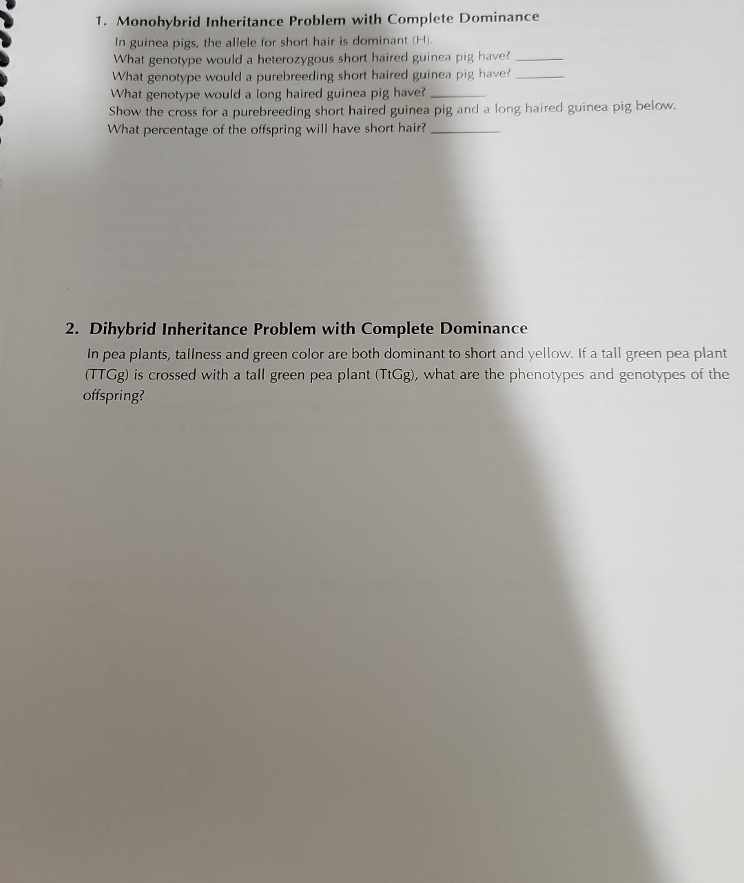 Solved 1. Monohybrid Inheritance Problem with Complete | Chegg.com