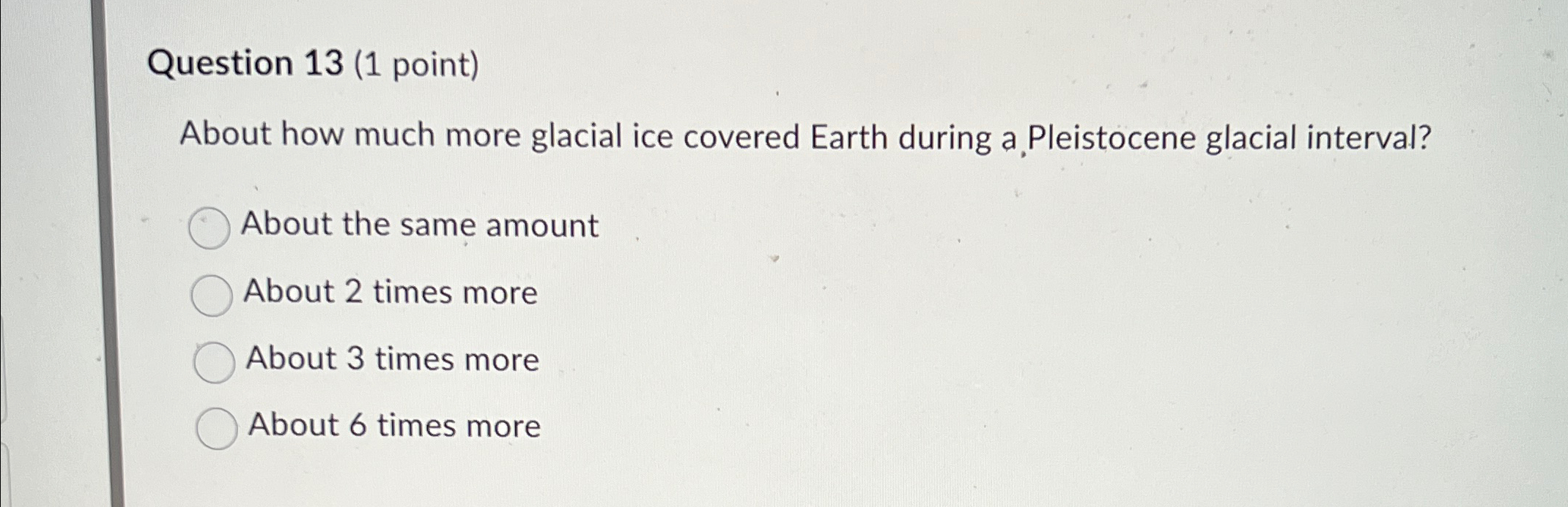 Solved Question 13 (1 ﻿point)About how much more glacial ice | Chegg.com
