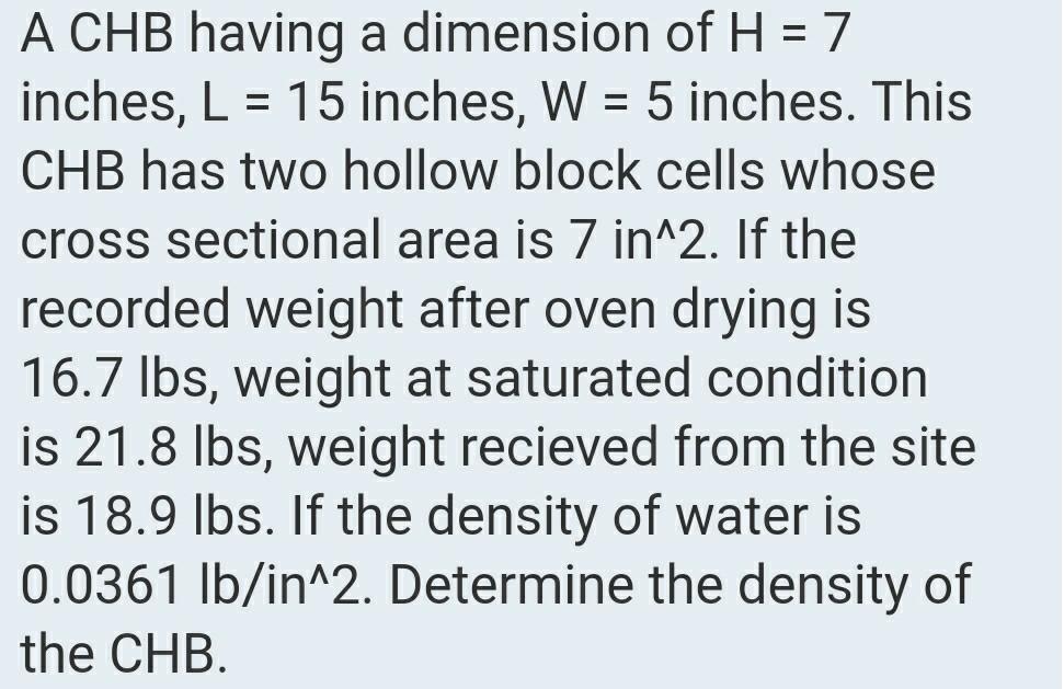 Solved A CHB having a dimension of H = 7 inches, L = 15 | Chegg.com