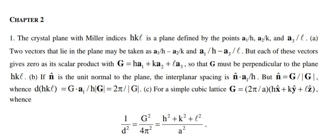 Solved 1. Interplanar separation. Consider a plane hkl in a | Chegg.com