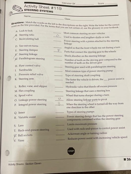 Solved Activity Sheet #119 STEERING SYSTEMS Name A. Lock to | Chegg.com