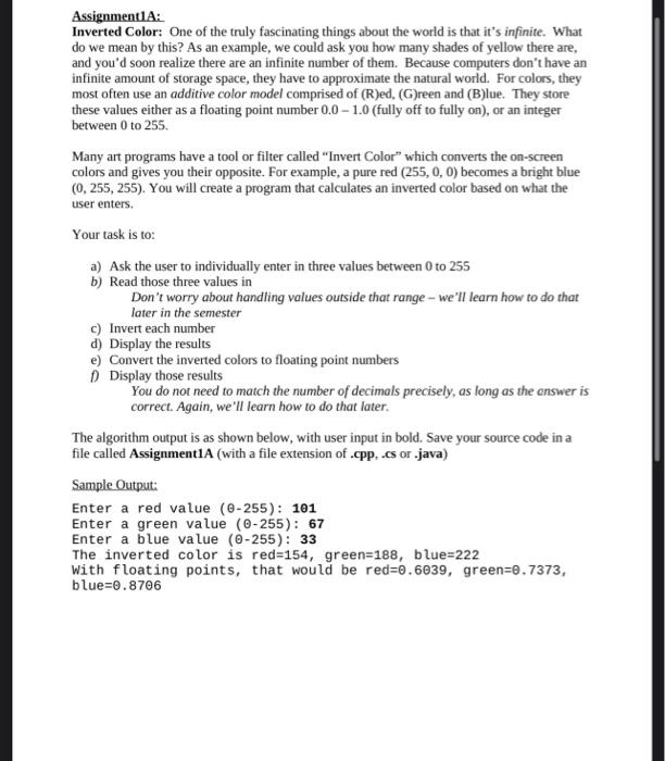 Assignment1A: Inverted Color: One of the truly | Chegg.com