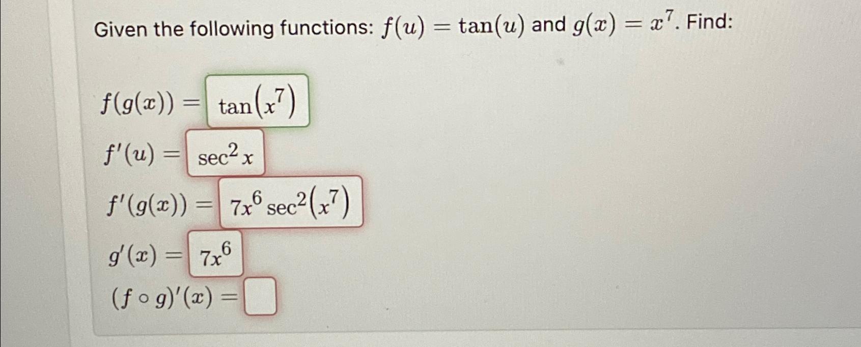 Solved Given the following functions: f(u)=tan(u) ﻿and | Chegg.com