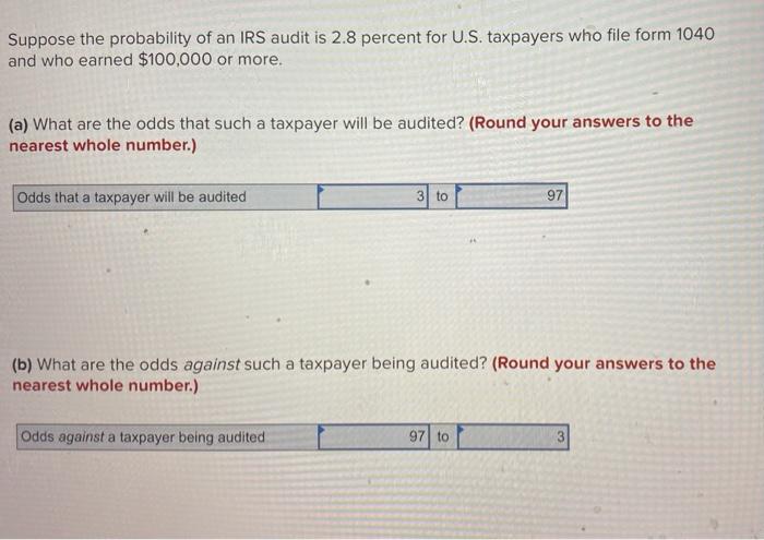 Solved Suppose the probability of an IRS audit is 2.8 | Chegg.com