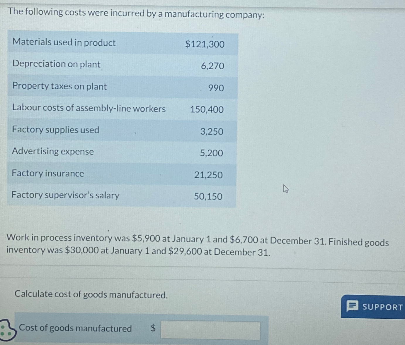 Solved The following costs were incurred by a manufacturing | Chegg.com