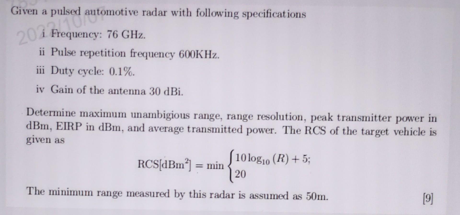 Given a pulsed automotive radar with following | Chegg.com