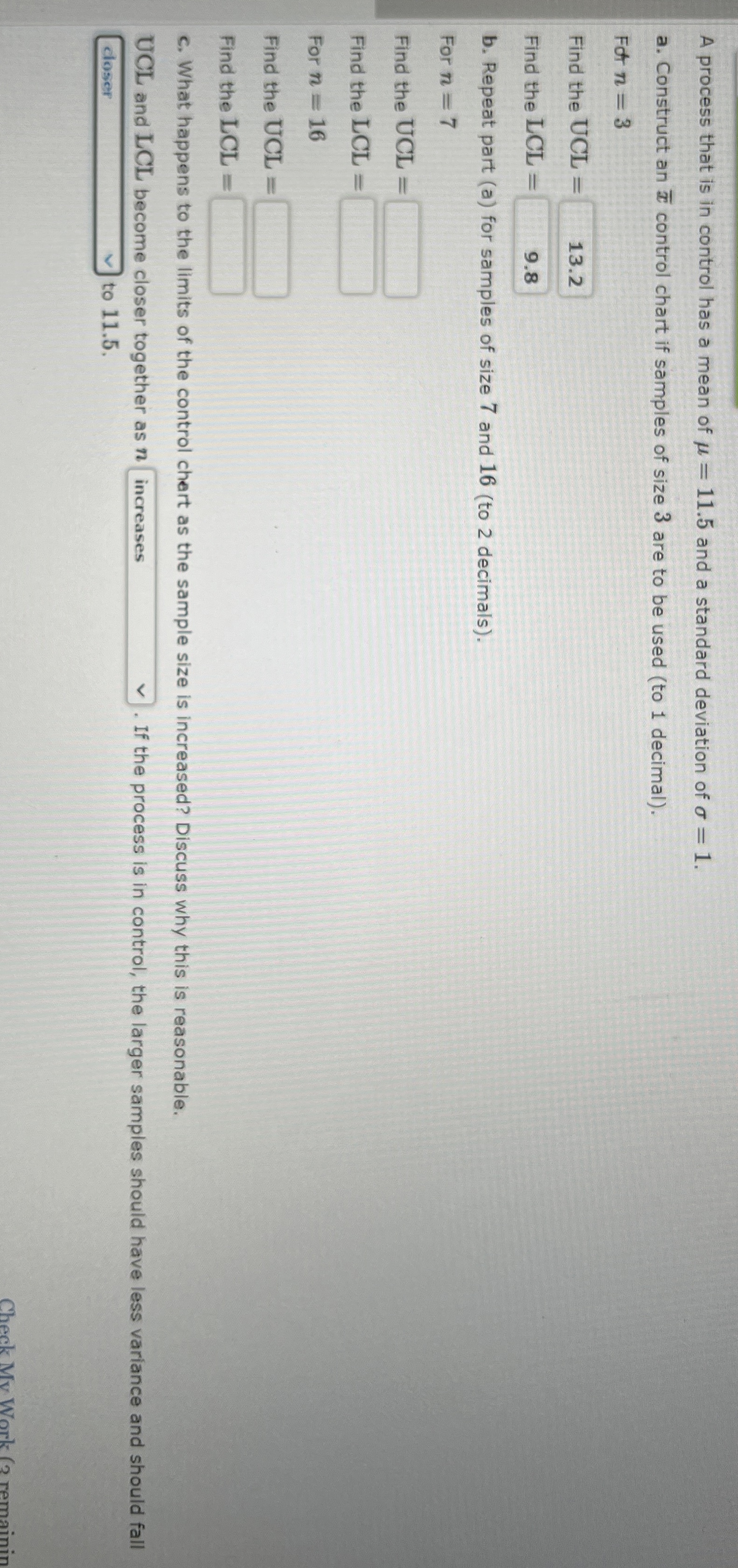 Solved A process that is in control has a mean of μ=11.5 | Chegg.com