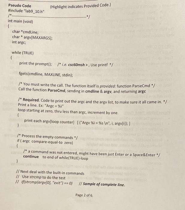 (Highlight indicates Provided Code.) */ Pseudo Code | Chegg.com