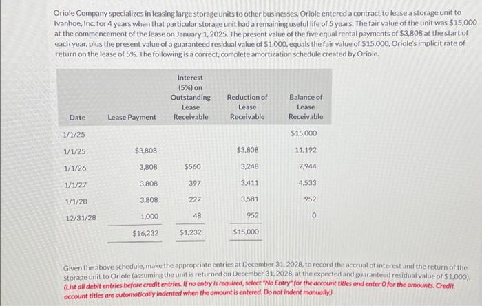 Solved Oriole Company specializes in leasing large storage | Chegg.com