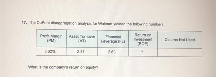 Solved 17. The DuPont disaggregation analysis for Walmart | Chegg.com