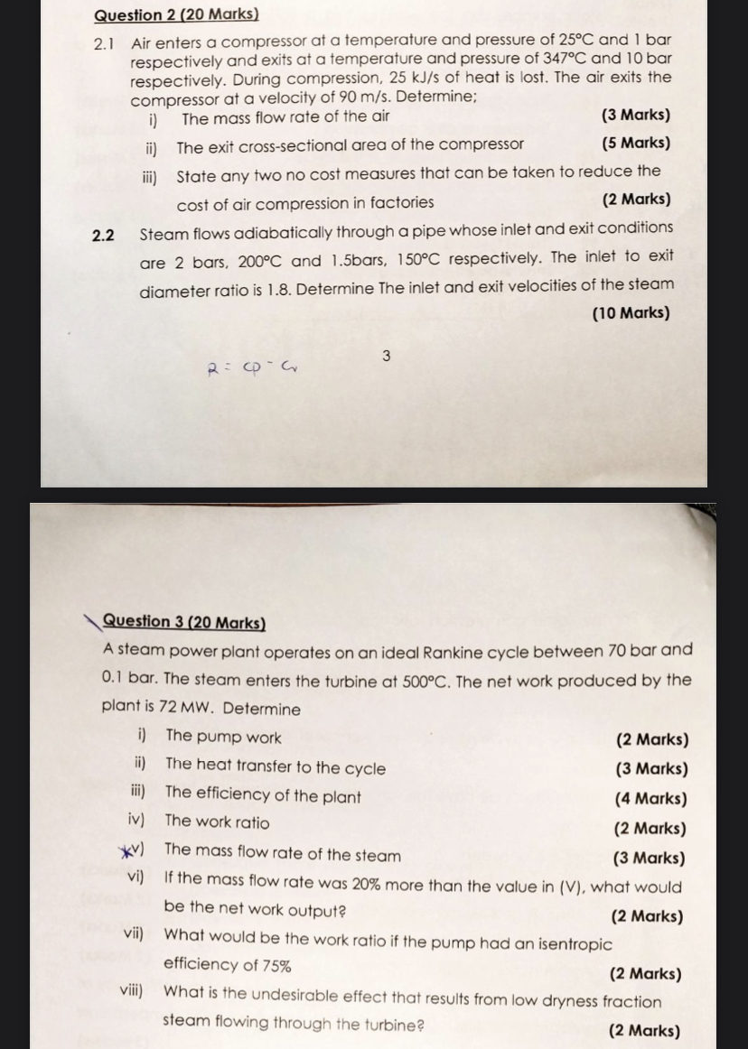 Solved Question 2 (20 ﻿Marks)2.1 ﻿Air enters a compressor at | Chegg.com